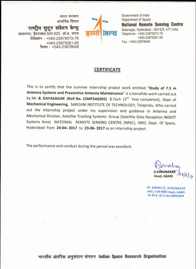 BANDI DAYASAGAR , NRSC ISRO INTERNSHIP/PROJECT CERTIFICATE ...