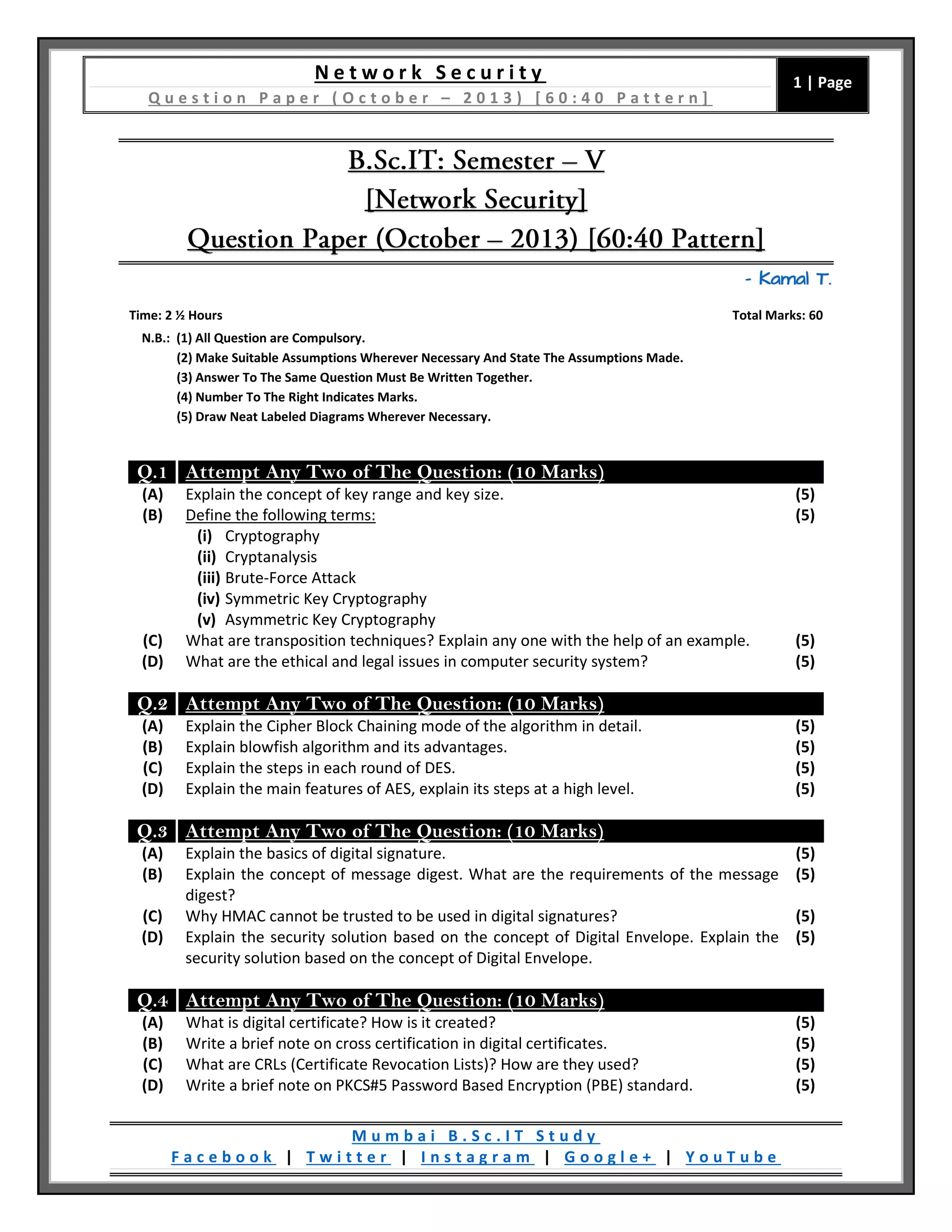 [Question Paper] Network Security (60:40 Pattern) [October / 2013] | PDF