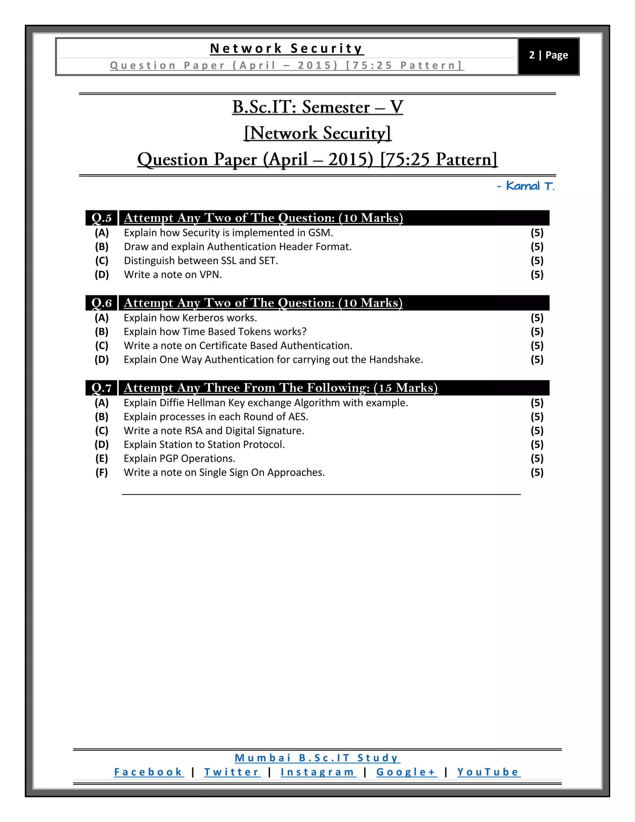 [Question Paper] Network Security (75-25 Pattern) [April / 2015] | PDF