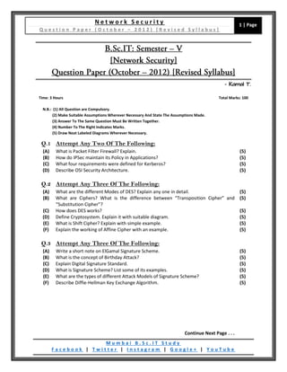 Network Security (Revised Syllabus) [QP / October - 2012] | PDF
