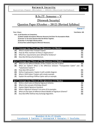 [Question Paper] Network Security (Revised Syllabus) [October / 2012] | PDF