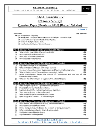 [Question Paper] Network Security (Revised Syllabus) [October / 2016] | PDF