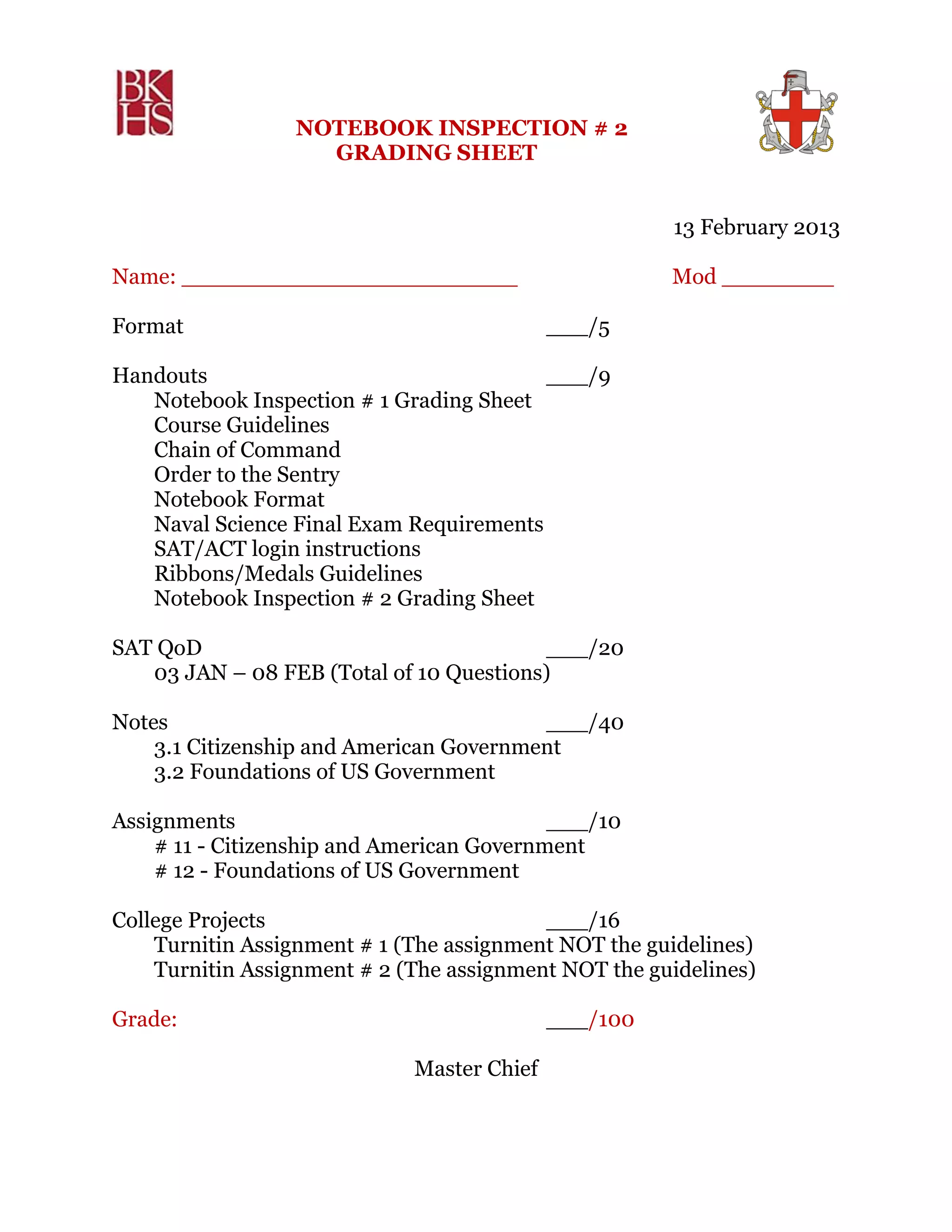 NS1 Notebook Inspection # 2 Grading Sheet 12 13 | PDF