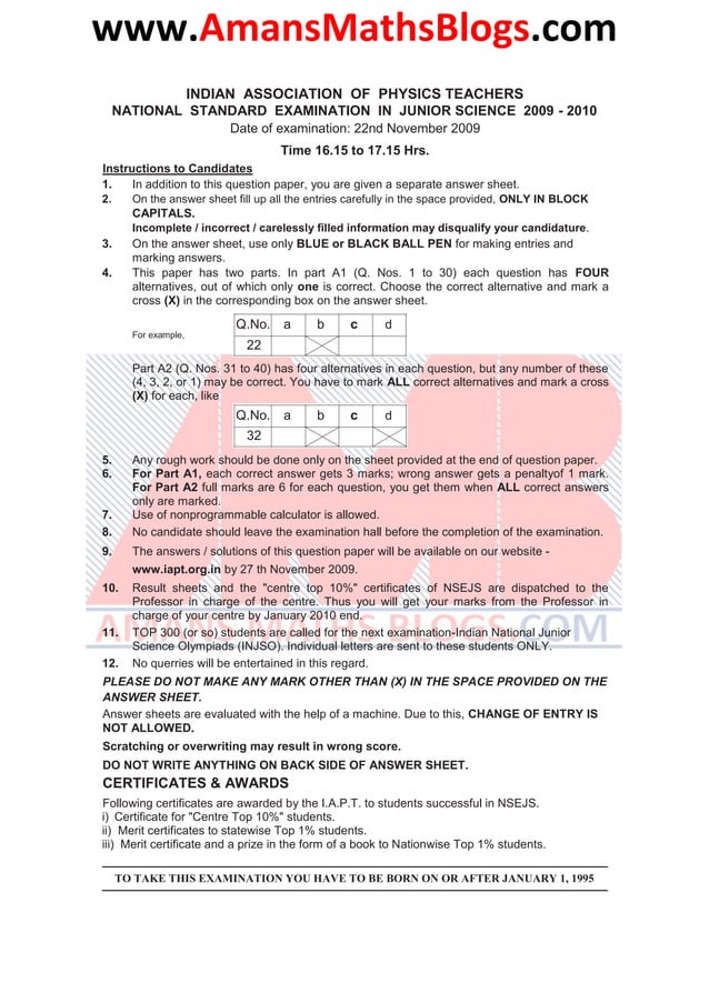 NSEJS Previous Year Papers 2009-2010 | PDF | Educational Assessment ...