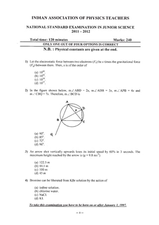 NSEJS Previous Year Papers 2011-2012 | PDF