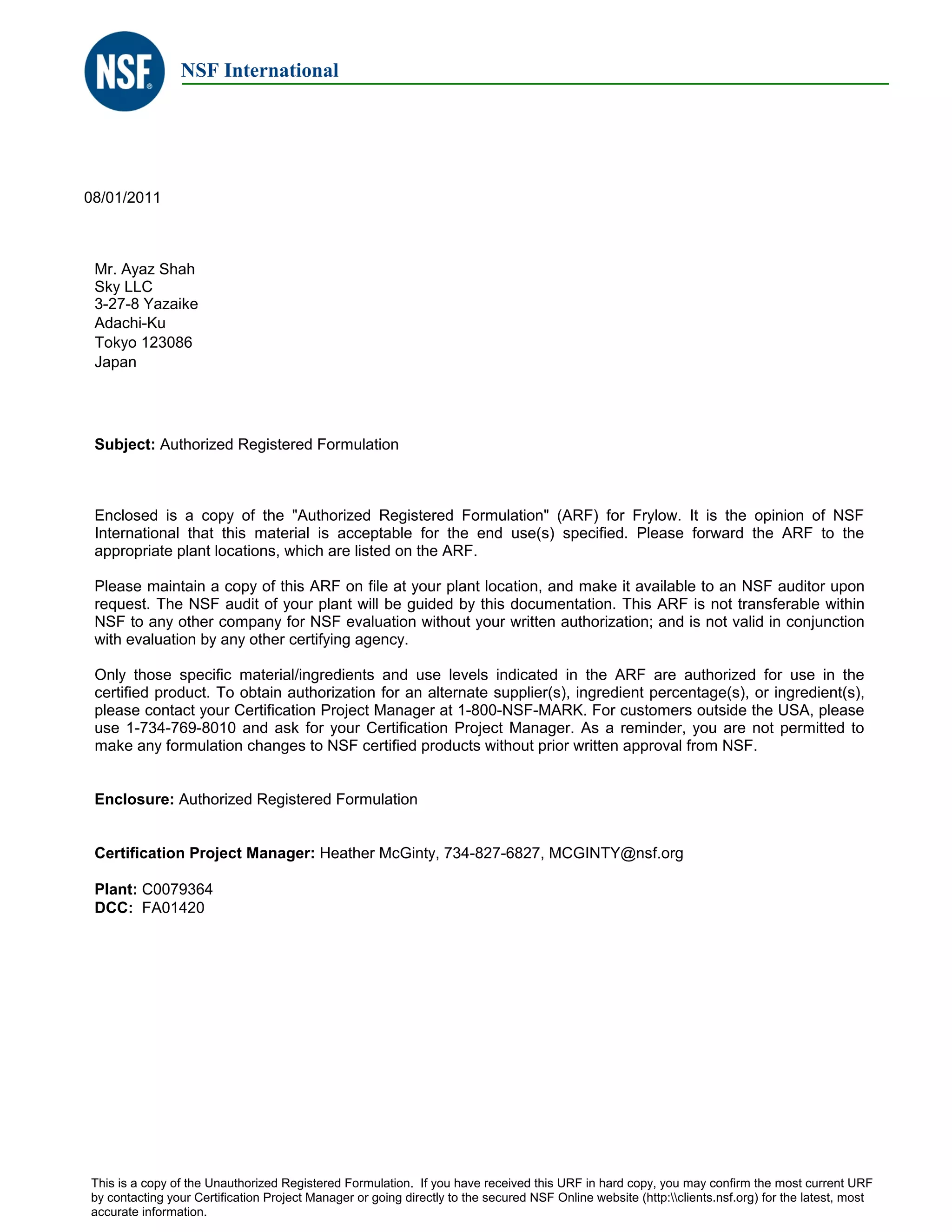 Nsf certifikat | PDF