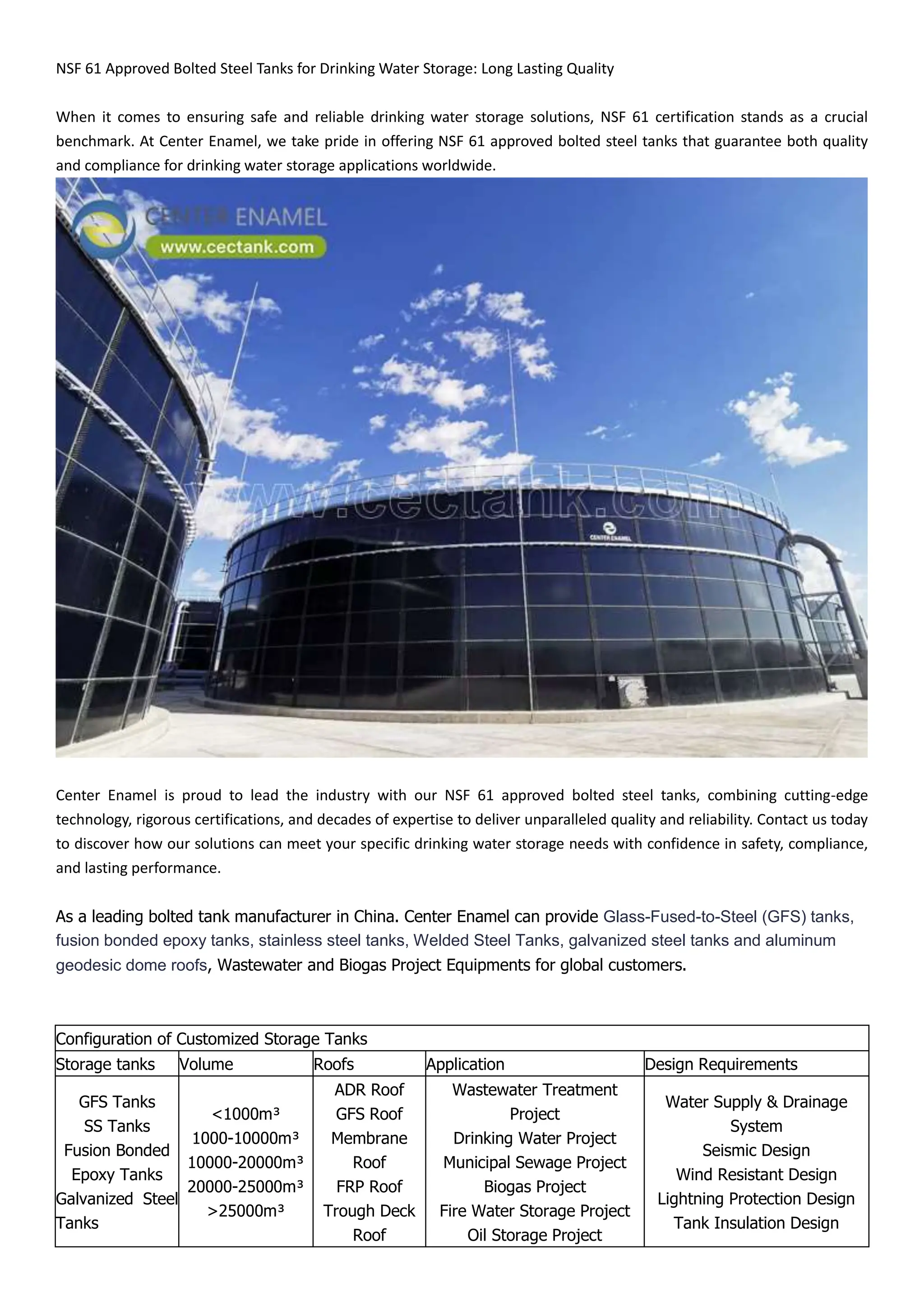 NSF 61 Approved Bolted Steel Tanks for Drinking Water Storage Long ...