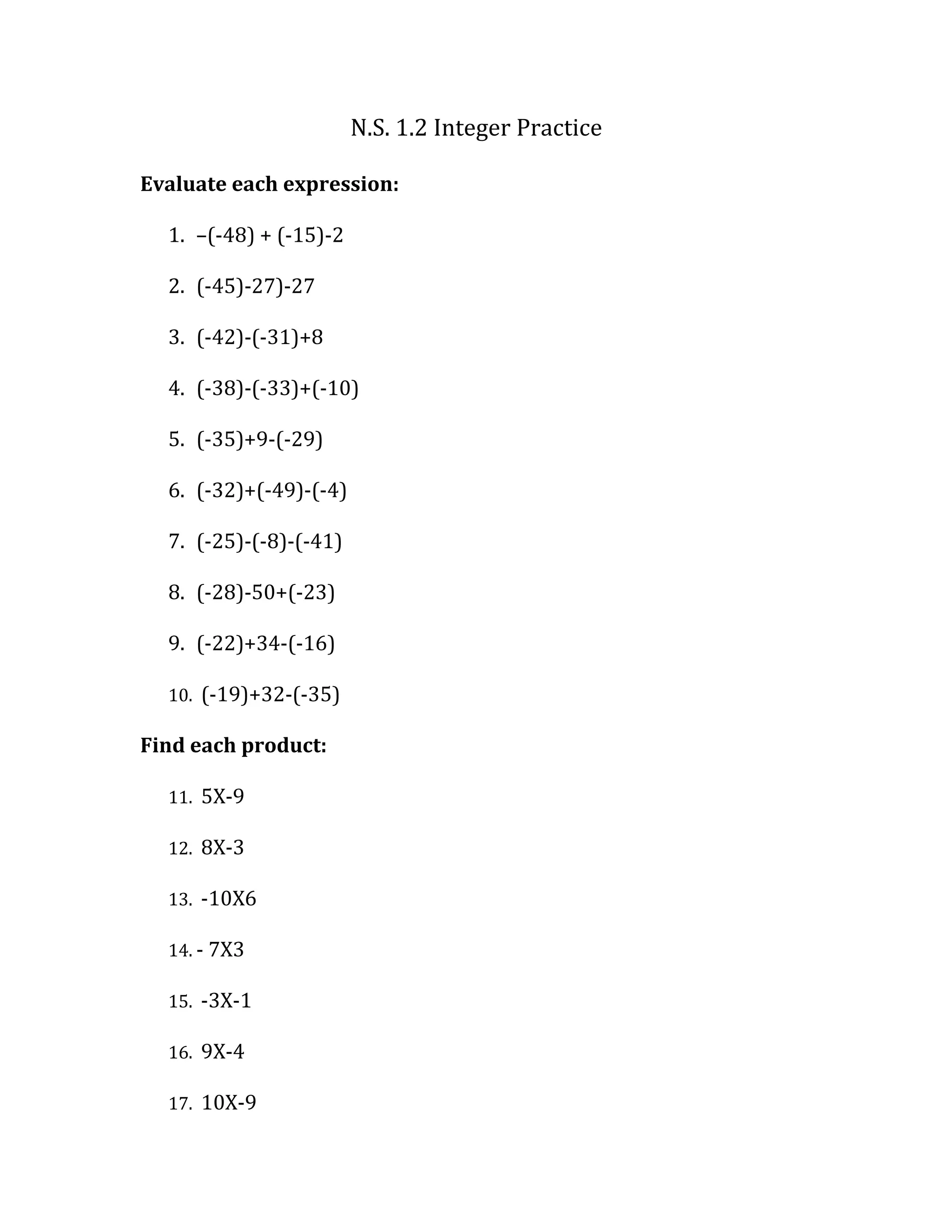 Ns integer practice | PDF