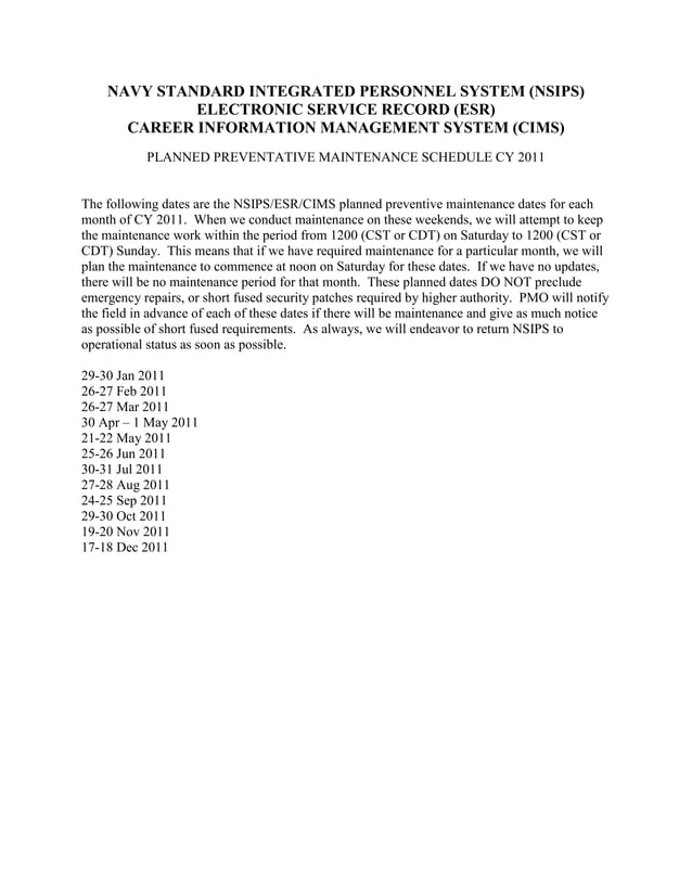 NSIPS ESR CIMS maint sched CY11 | PDF | Technology & Computing