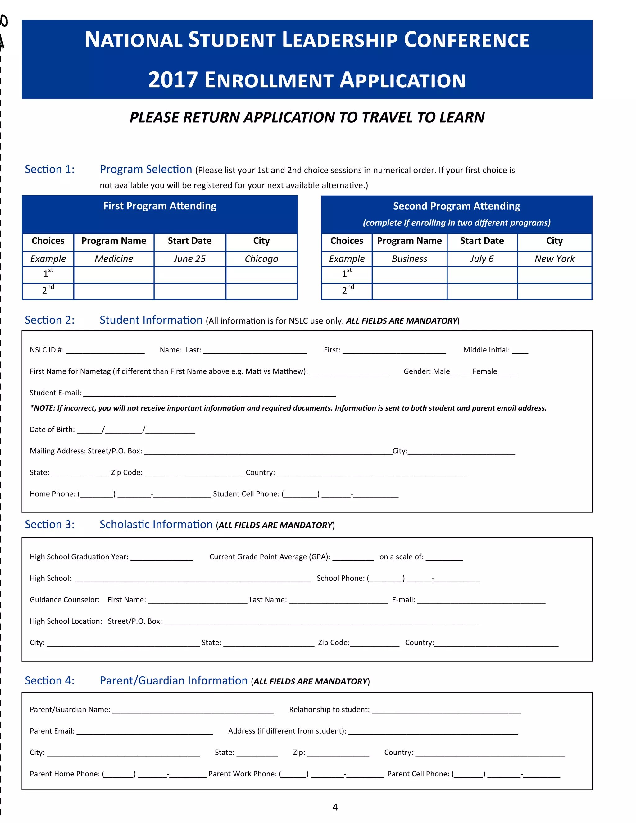 NSLC 2017 Enrollment Application Form - Travel To Learn | PDF