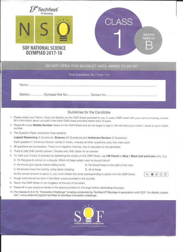 NSO Class 1 Question Paper Set B 2017 | PDF