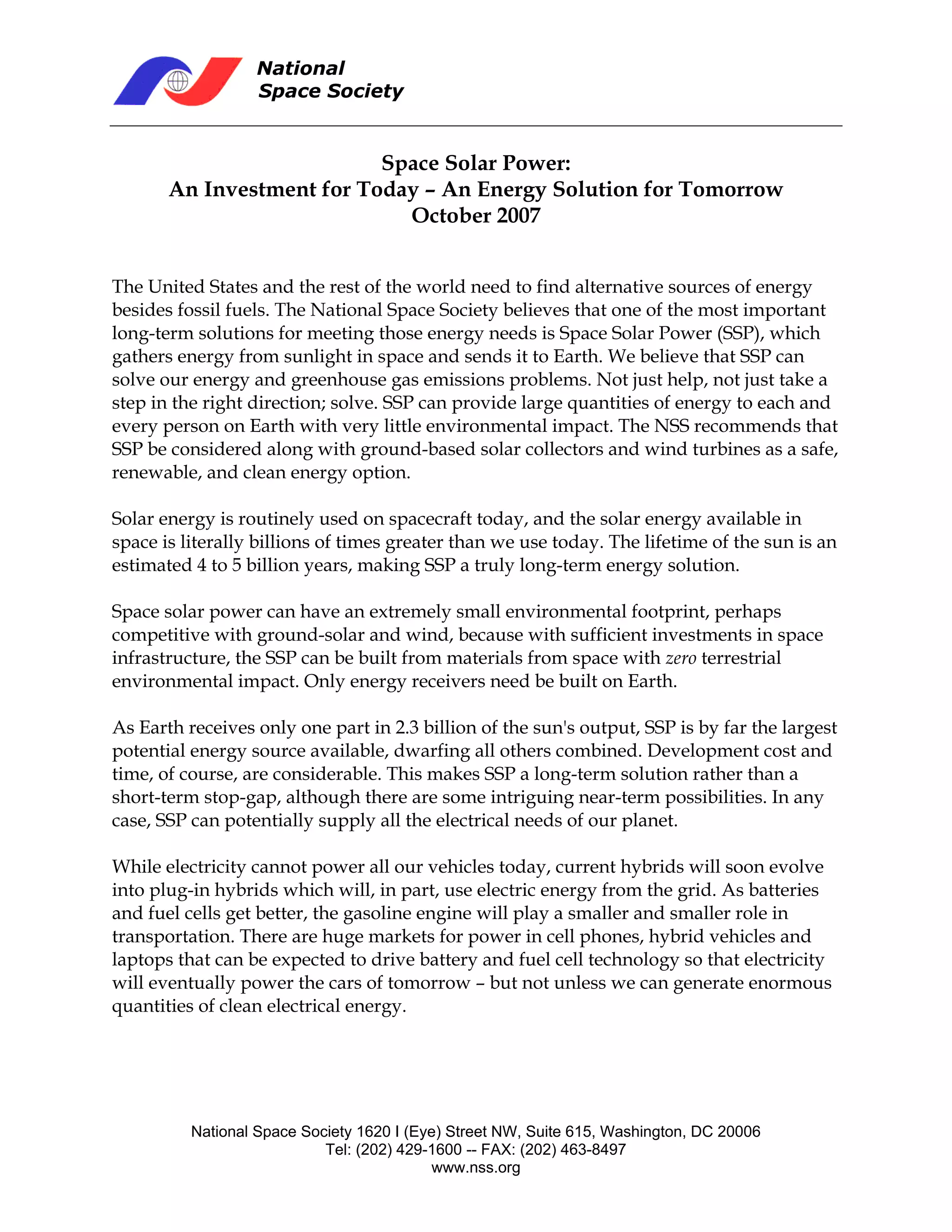 Nss ssp-position paper on space solar power | PDF