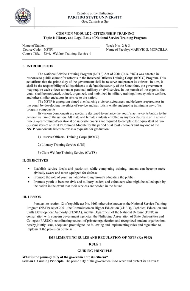 NSTP-Common-Module-2-Topic-1-Historical-and-Legal-Bases-of-NSTP (1).pdf | Graduation | Personal ...