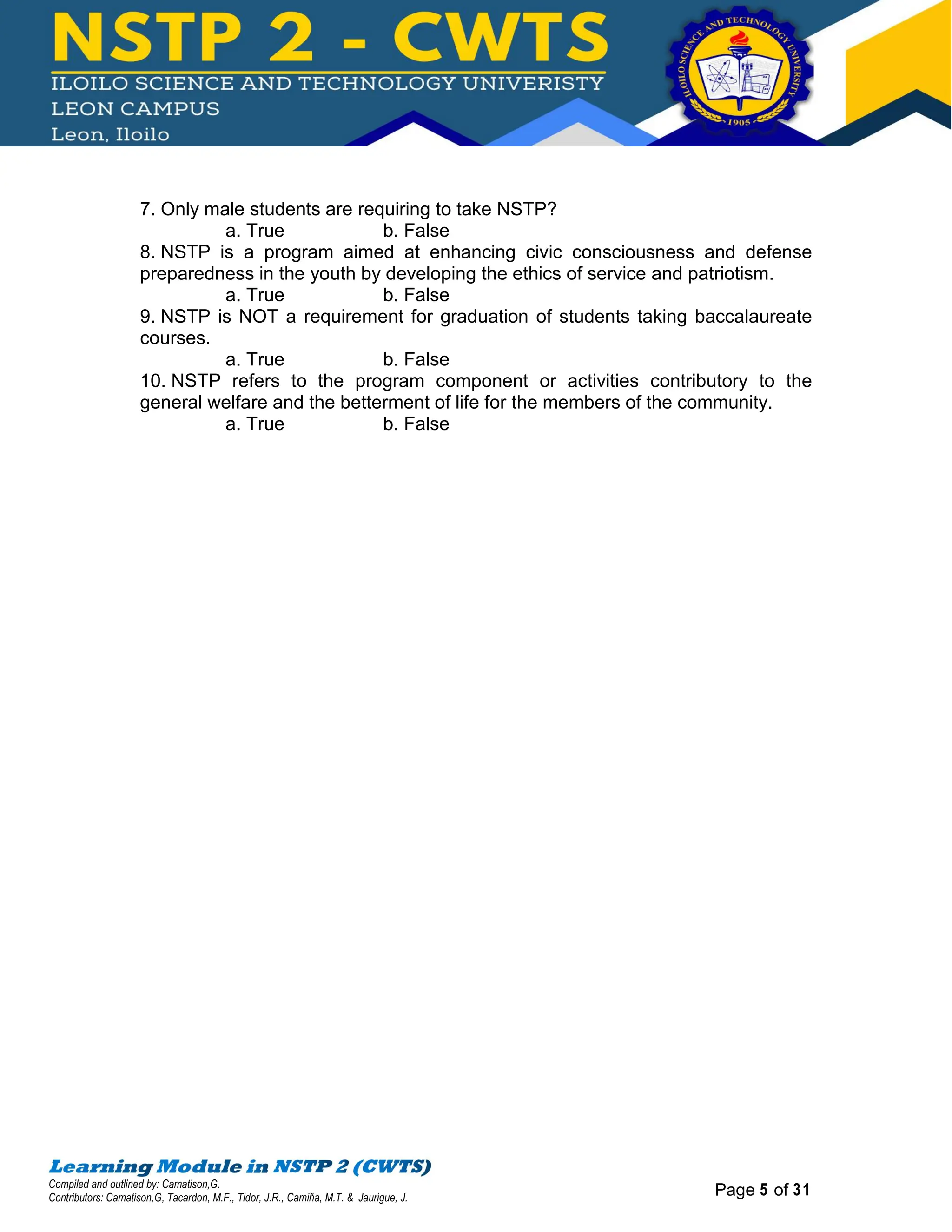 NSTP 2 CIVIC WELFARE TRAINING SERVICE MODULE | PDF