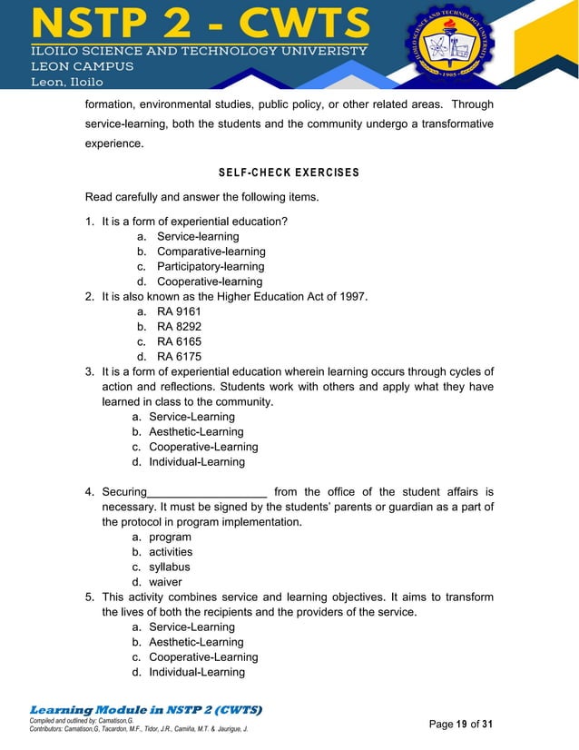 NSTP 2 CIVIC WELFARE TRAINING SERVICE MODULE | PDF