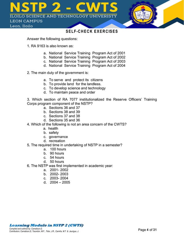NSTP 2 CIVIC WELFARE TRAINING SERVICE MODULE | PDF