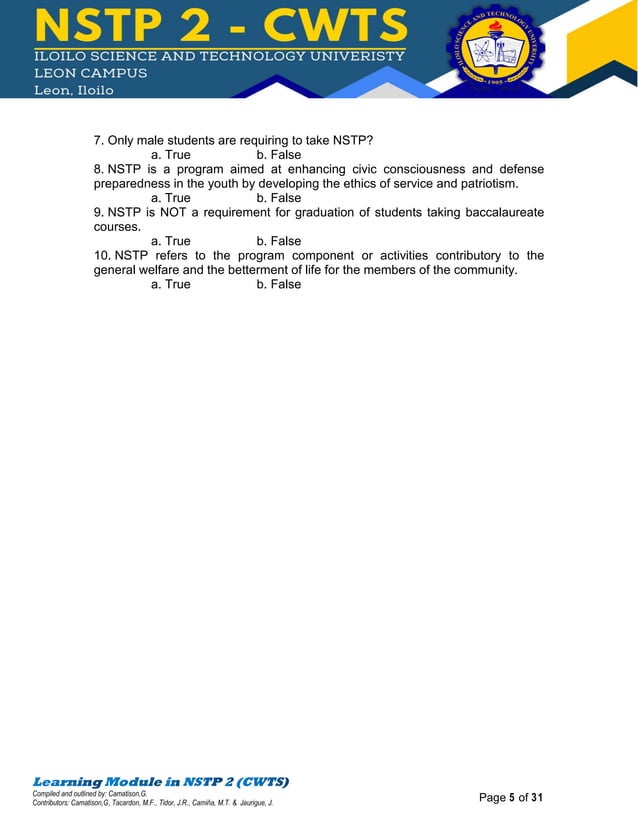 NSTP 2 CIVIC WELFARE TRAINING SERVICE MODULE | PDF