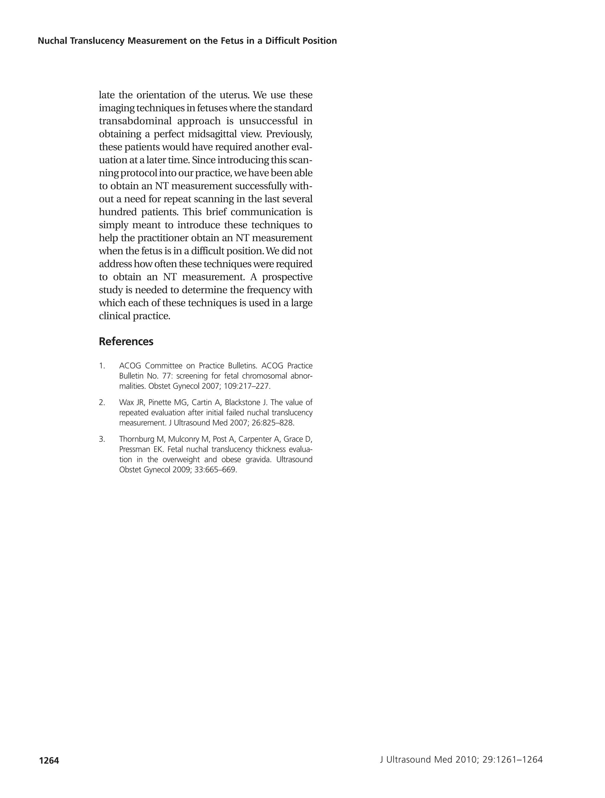 Nuchal Translucency Measurement on the Fetus in a Difficult Position | PDF