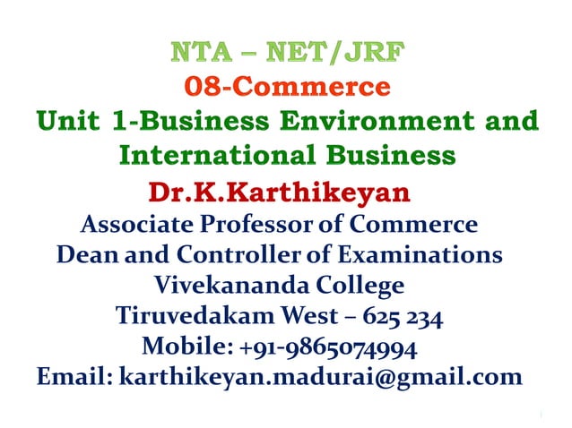 UGC NTA NETCommerce Unit 1 Dr.K.Karthikeyan | PDF