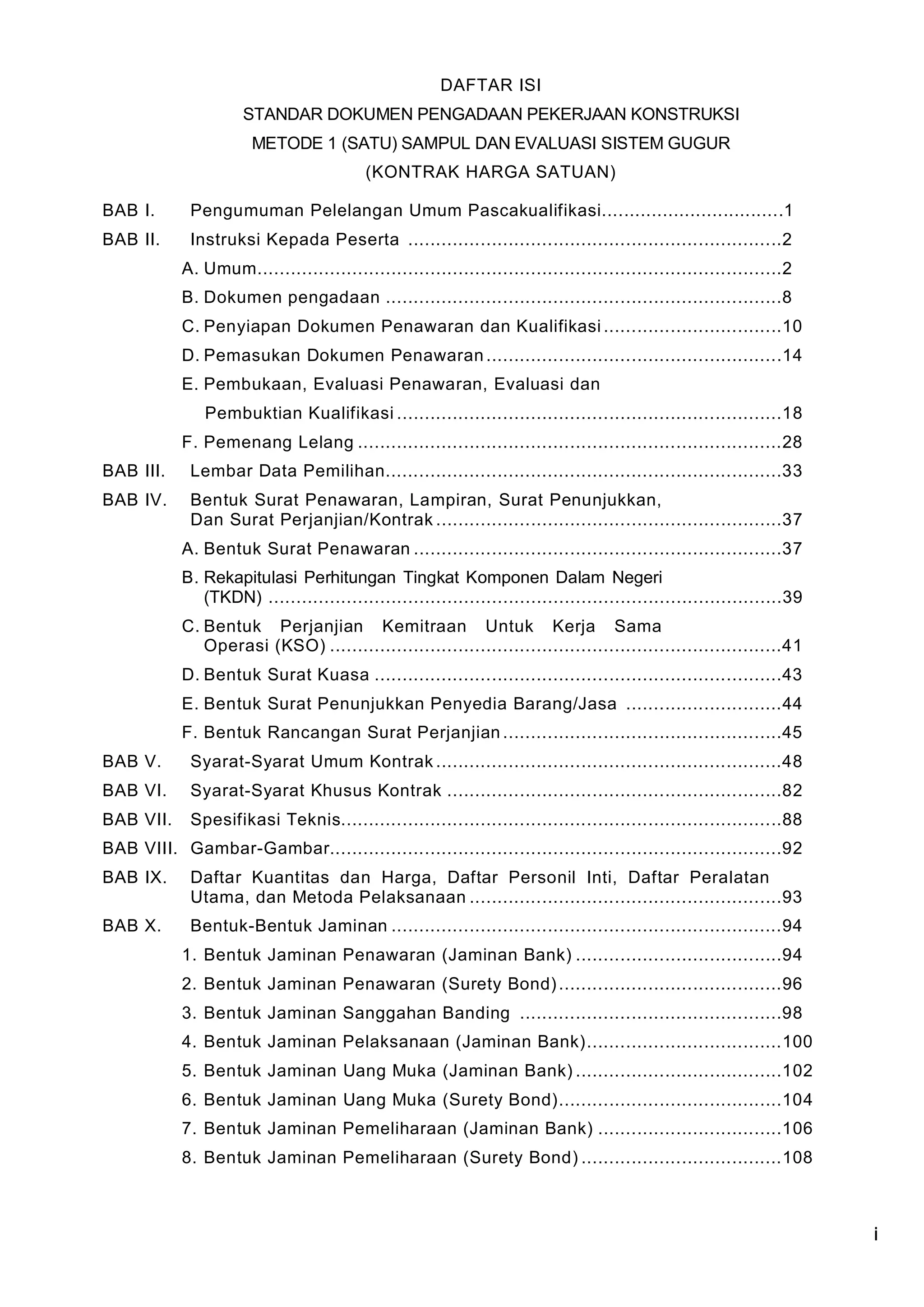 DAFTAR ISI STANDAR DOKUMEN PENGADAAN PEKERJAAN KONSTRUKSI | PDF
