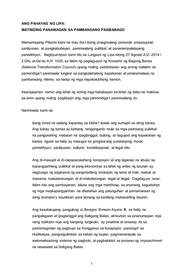 Lipa Declaration (Tagalog Translation) | PDF