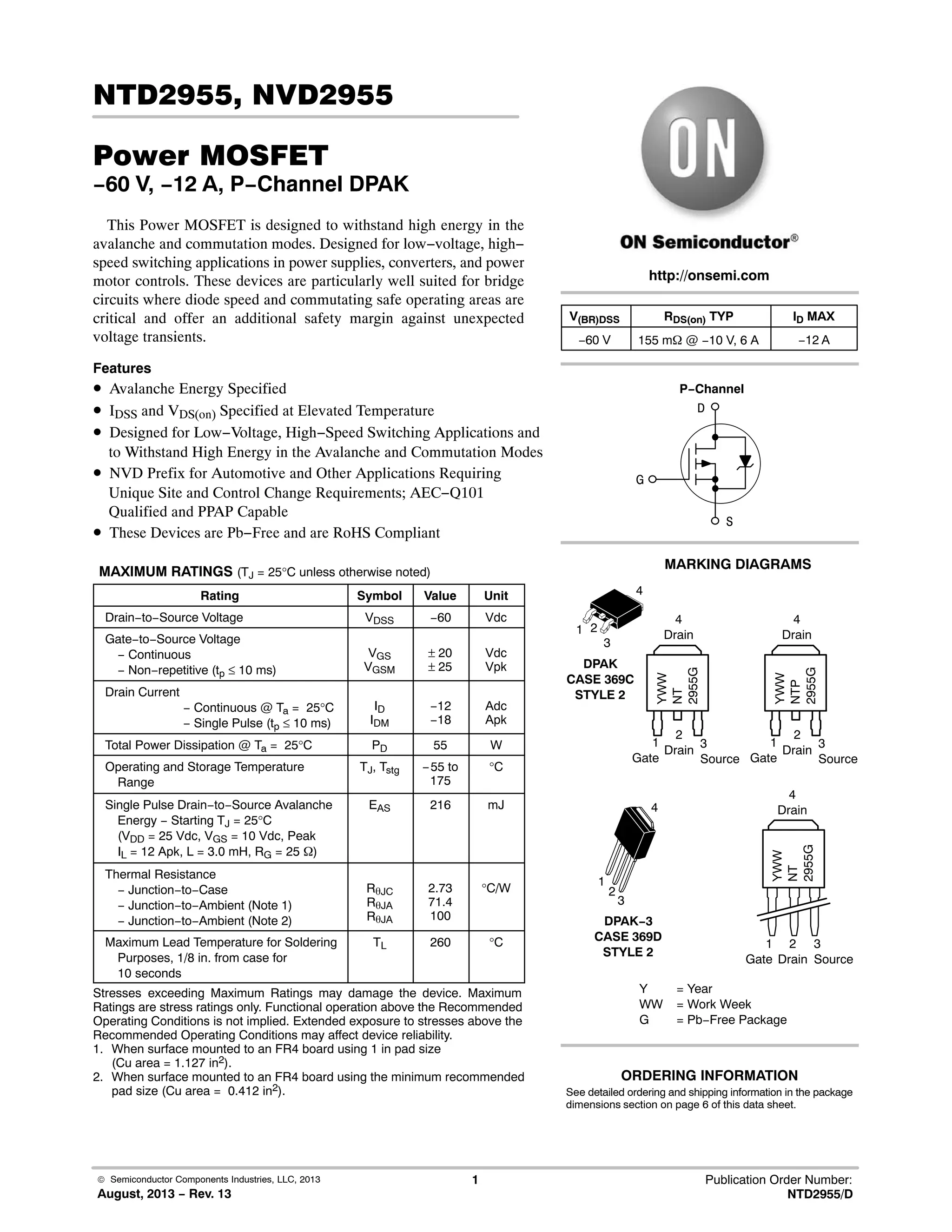 Original P-Channel Mosfet NTD2955T4G 2955G 2955 60V 12A TO-252 New On Semiconductor | PDF