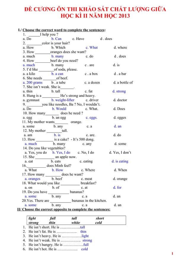 N thi giữa hkii tiếng anh lớp 6 | PDF