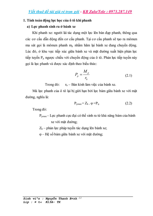 Đồ án Thiết kế hệ thống phanh chính xe con, 9 điểm.doc
