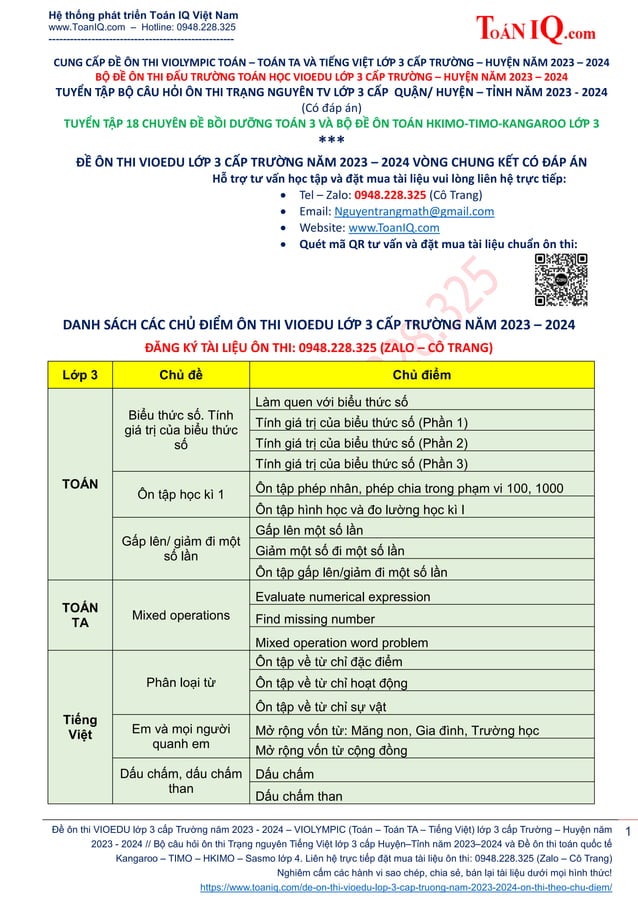 Đề ôn thi VIOEDU lớp 3 cấp Trường năm 2023 - 2024 theo chủ điểm | PDF