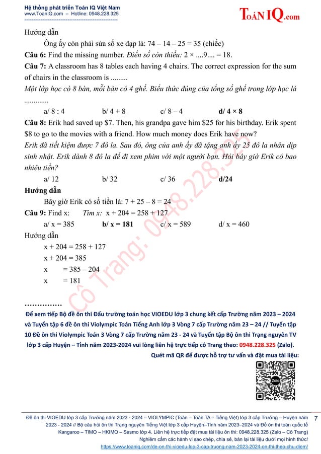 Đề ôn thi VIOEDU lớp 3 cấp Trường năm 2023 - 2024 theo chủ điểm | PDF