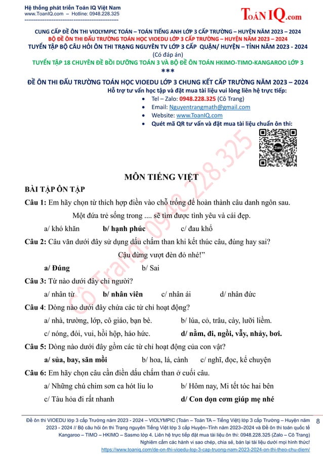 Đề ôn thi VIOEDU lớp 3 cấp Trường năm 2023 - 2024 theo chủ điểm | PDF