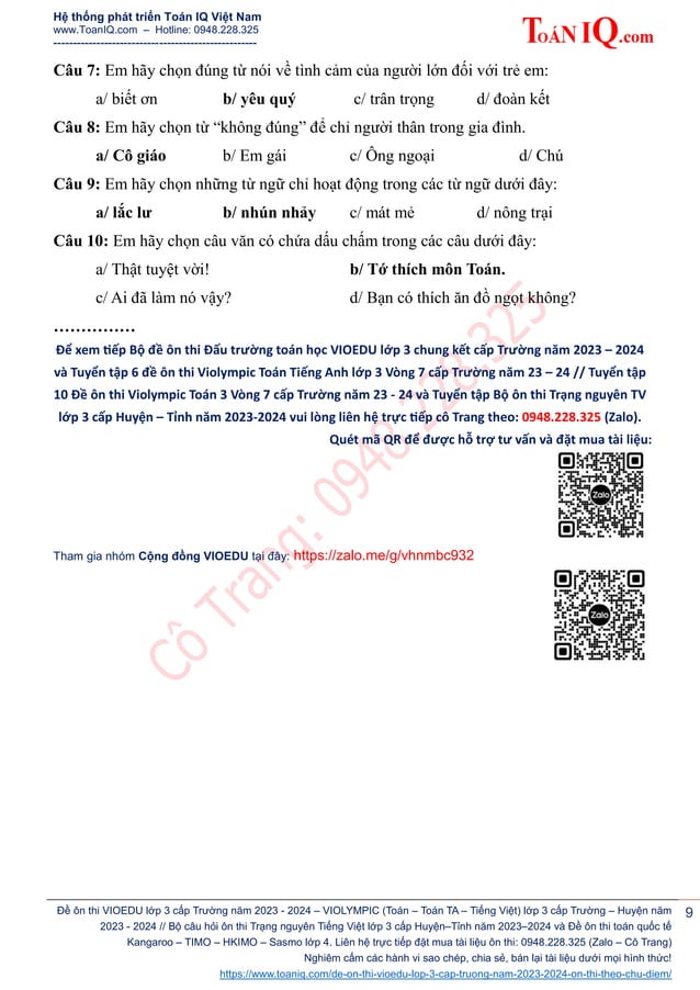 Đề ôn thi VIOEDU lớp 3 cấp Trường năm 2023 - 2024 theo chủ điểm | PDF