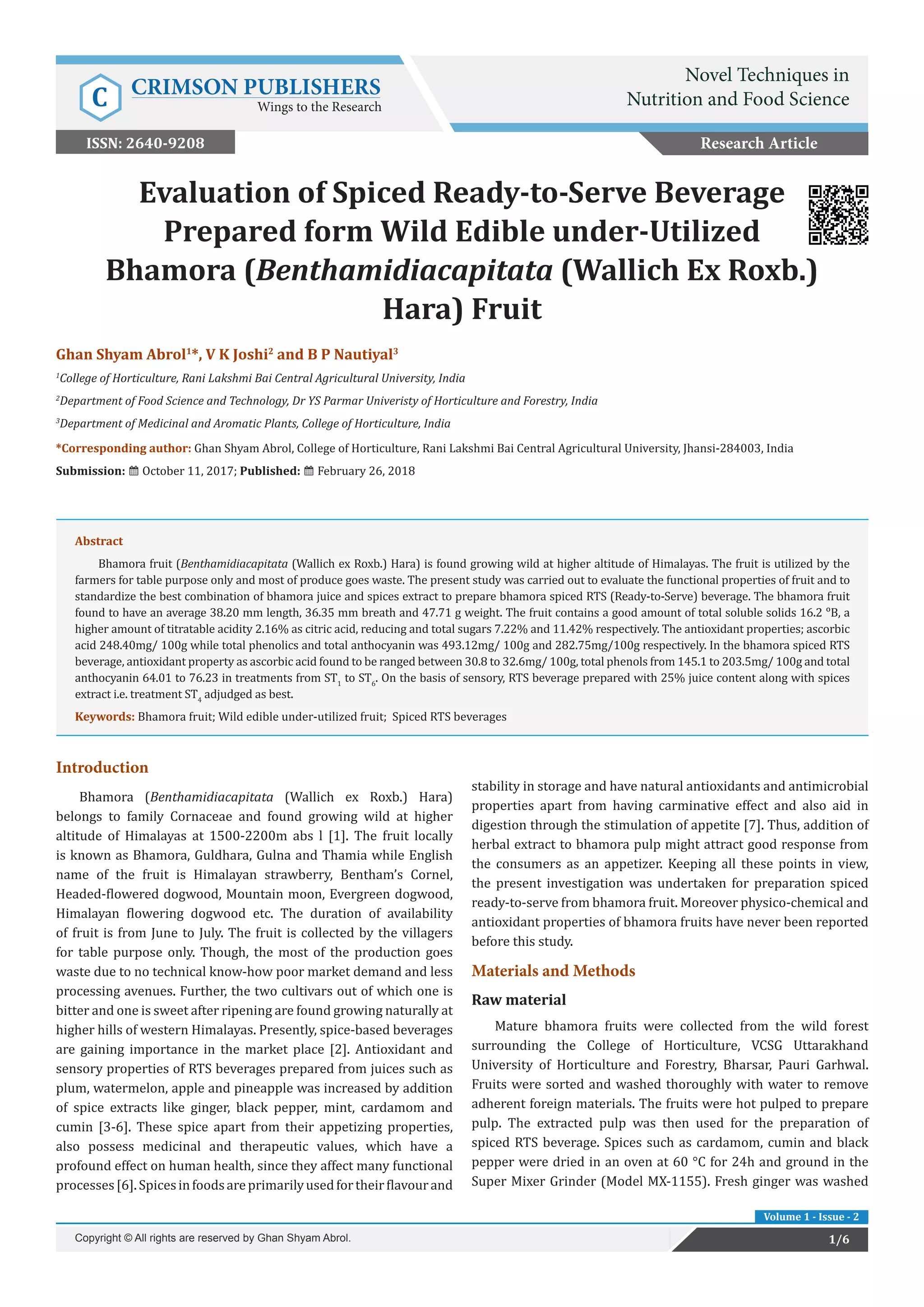 Evaluation of Spiced Ready-to-Serve Beverage Prepared form Wild Edible ...