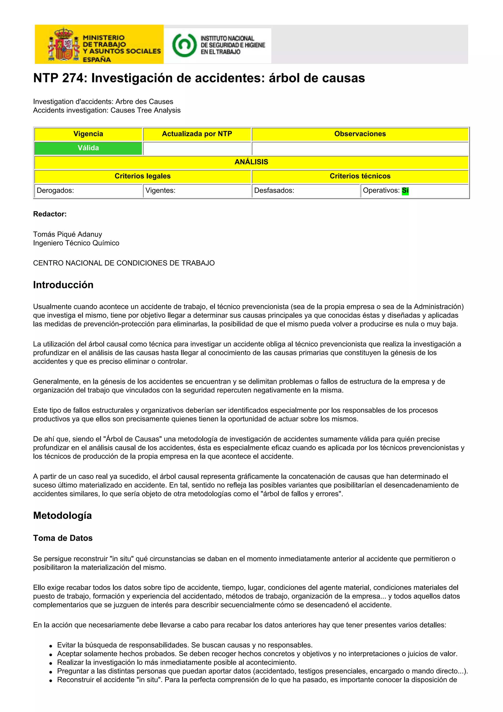 Ntp 274 inv, arbol de causas | PDF
