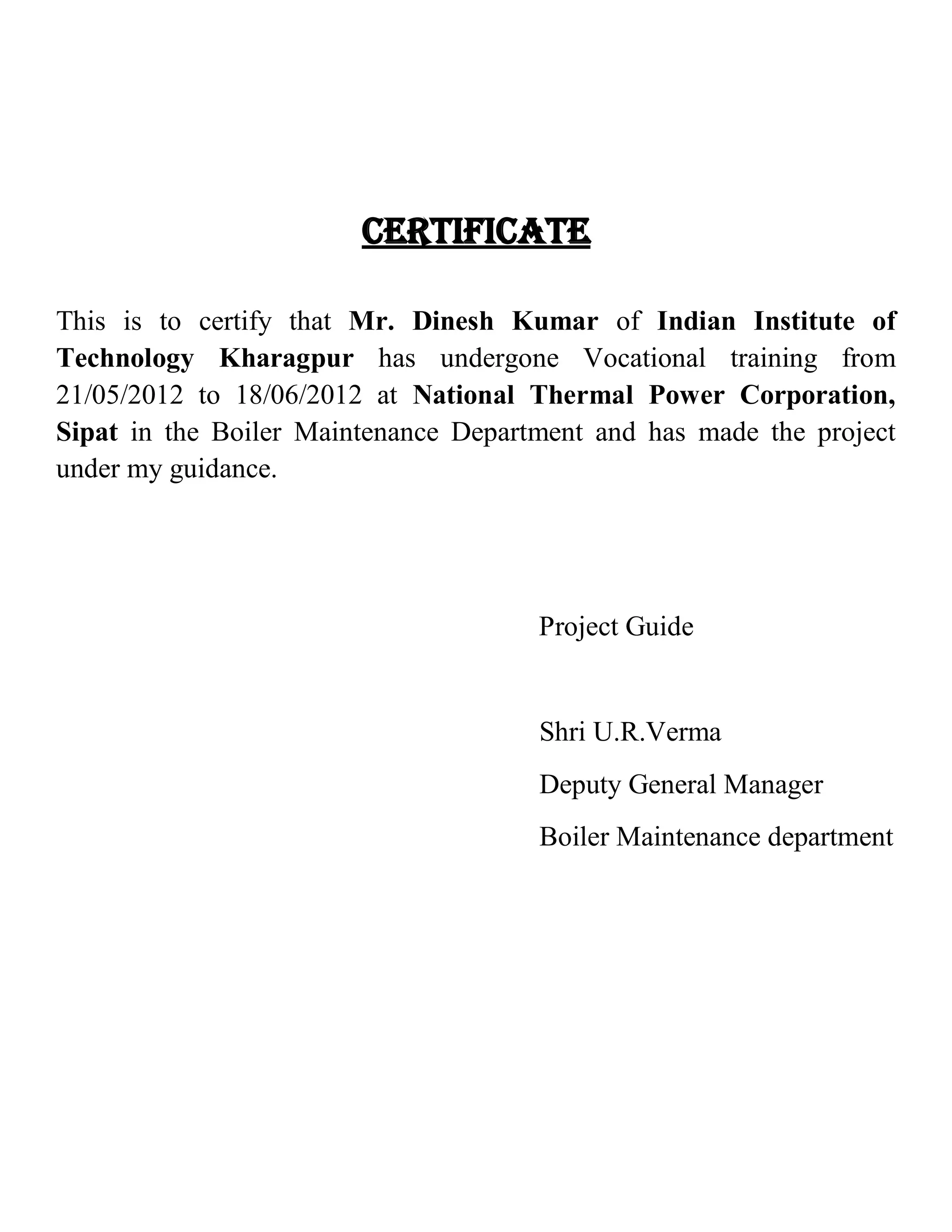 Ntpc (national thermal power corporation) sipat mechanical vocational ...