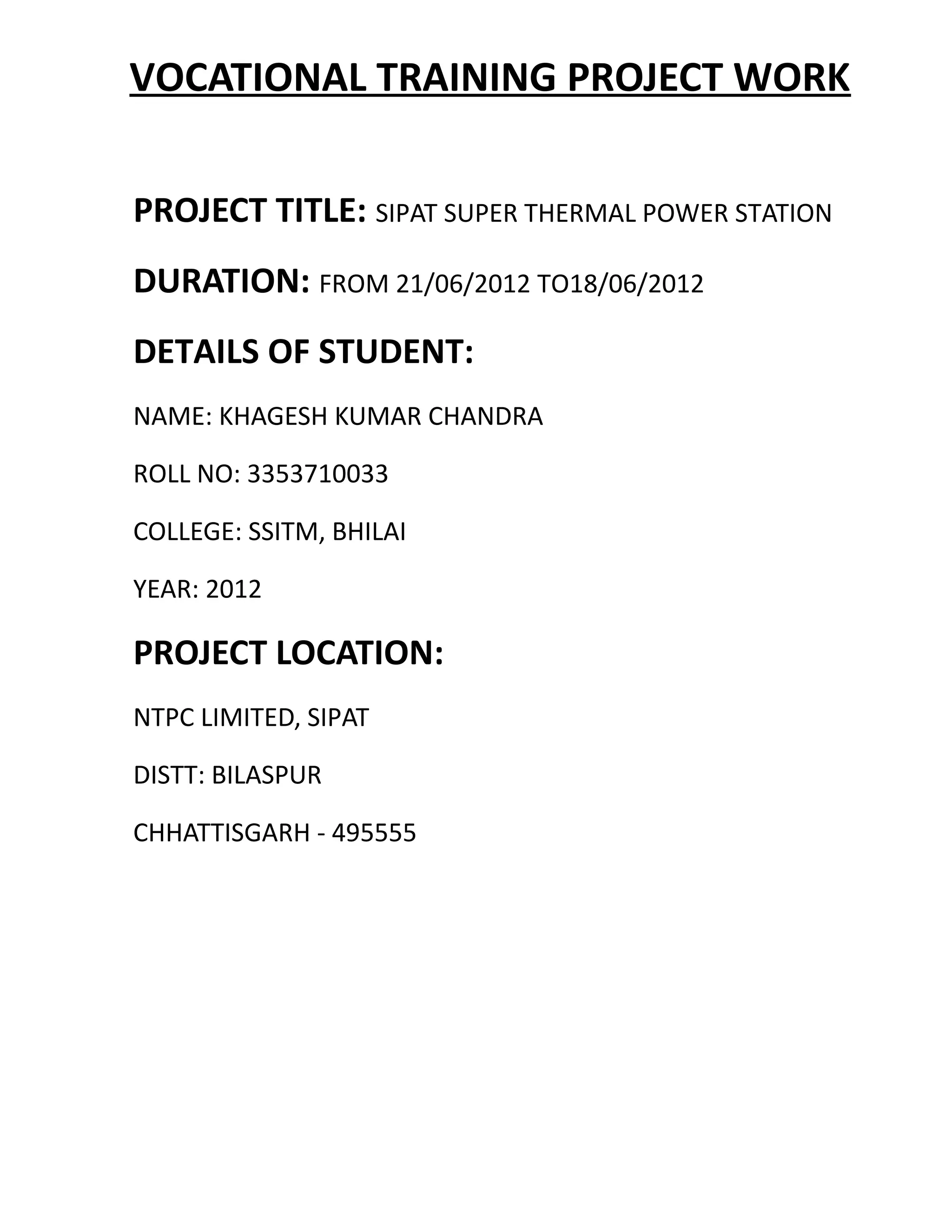 Ntpc (national thermal power corporation) sipat mechanical vocational training report 3 haxxo24 ...