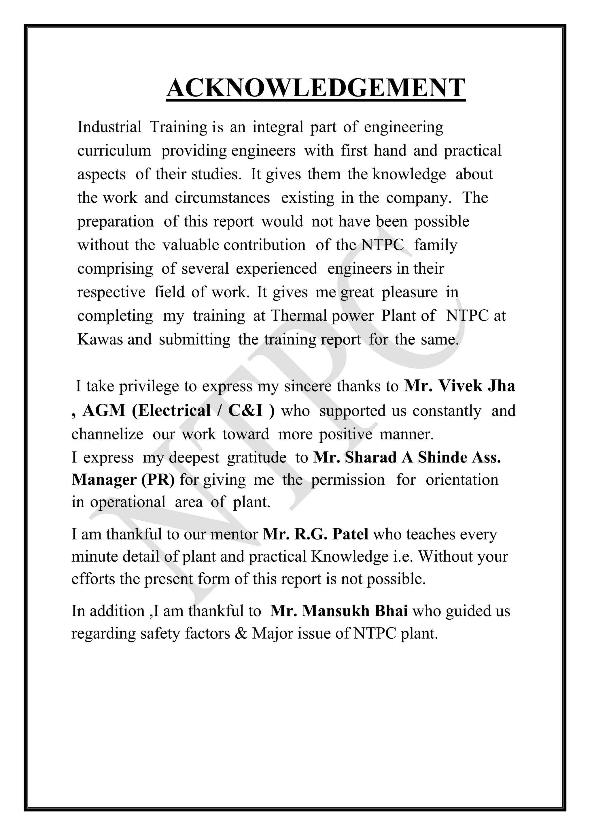 Internship report of NTPC kawas ,summer internship report of ntpc | PDF