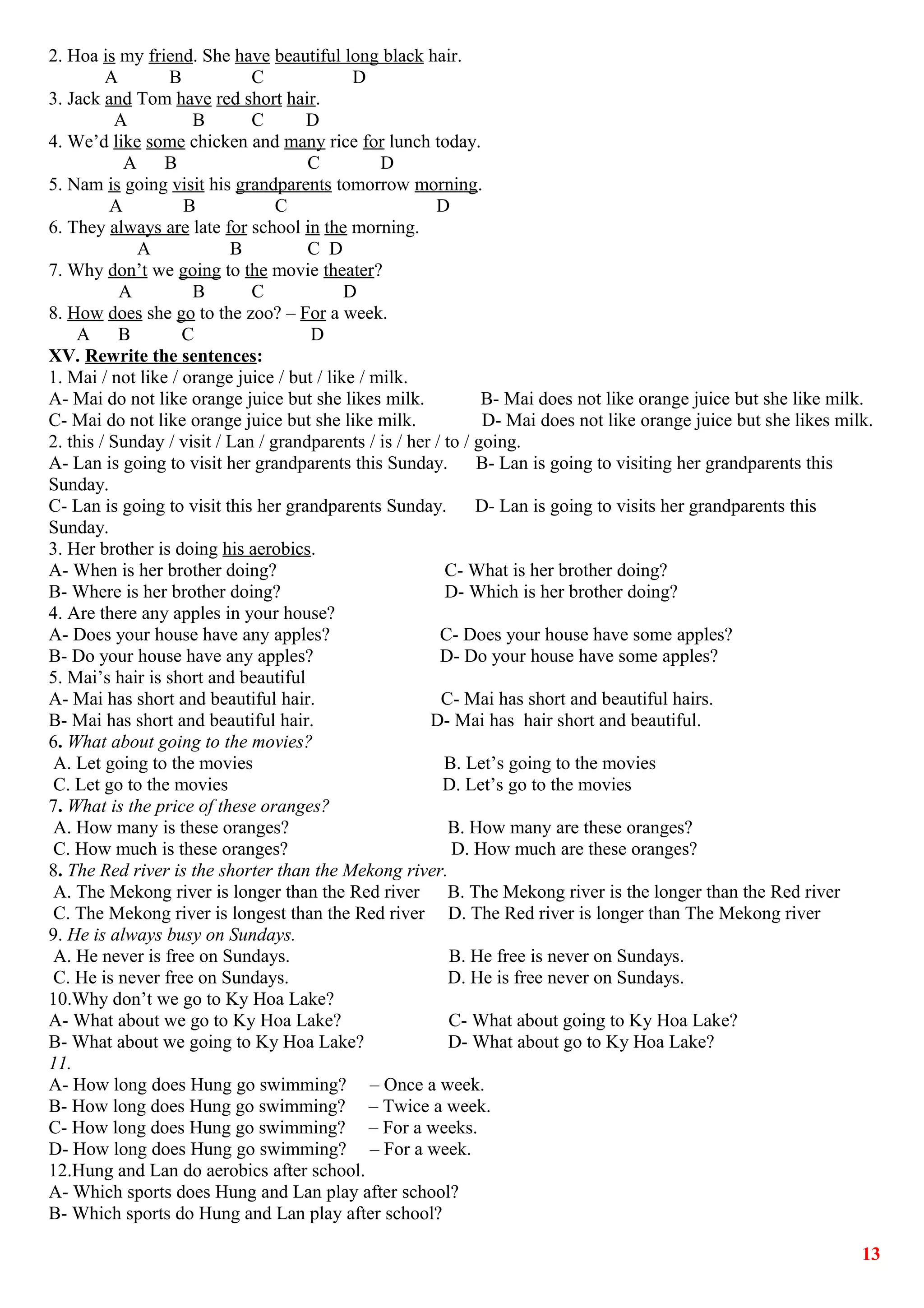 N tập hkii tiếng anh lớp 6 (with key) | PDF