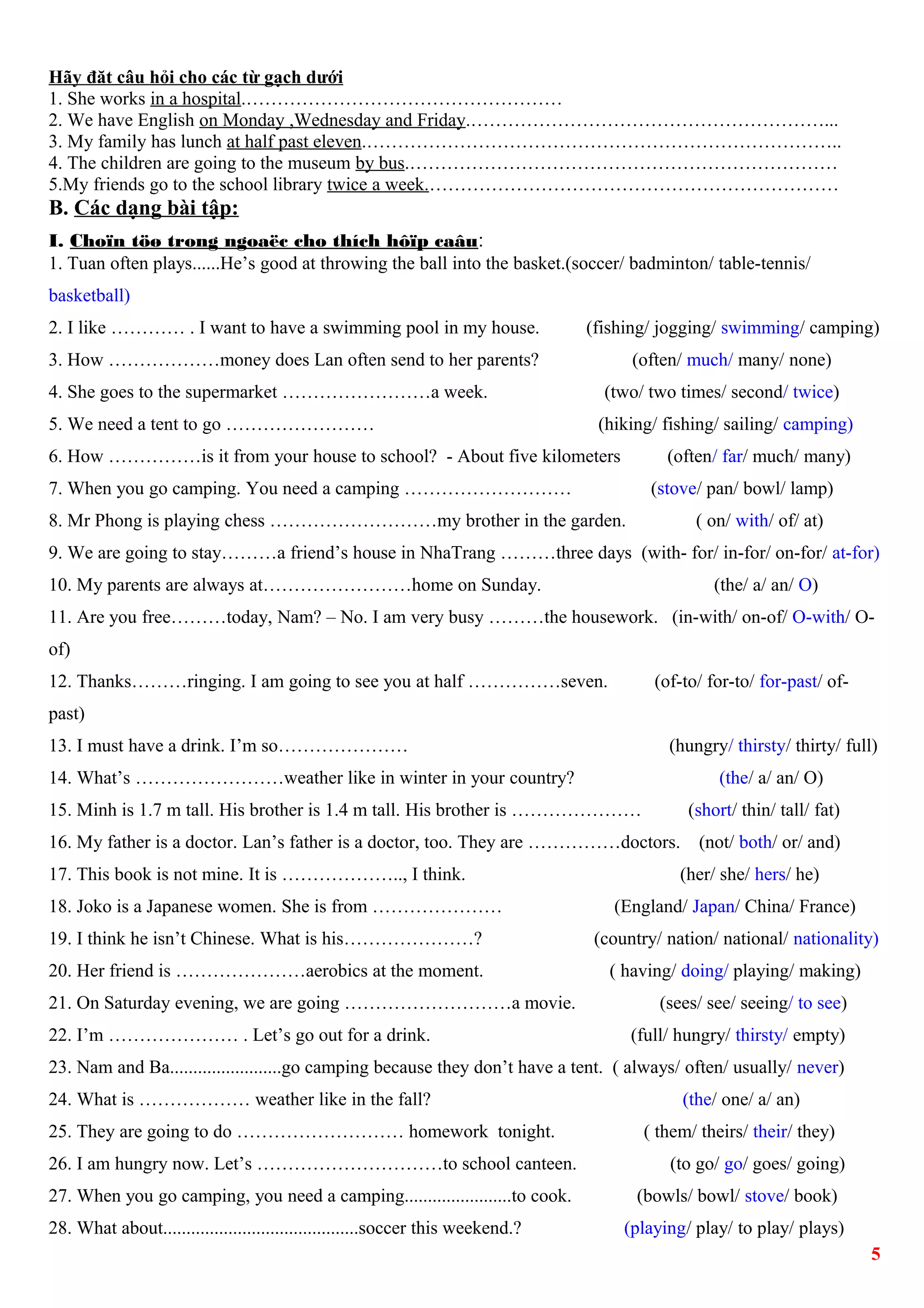 N tập hkii tiếng anh lớp 6 (with key) | PDF