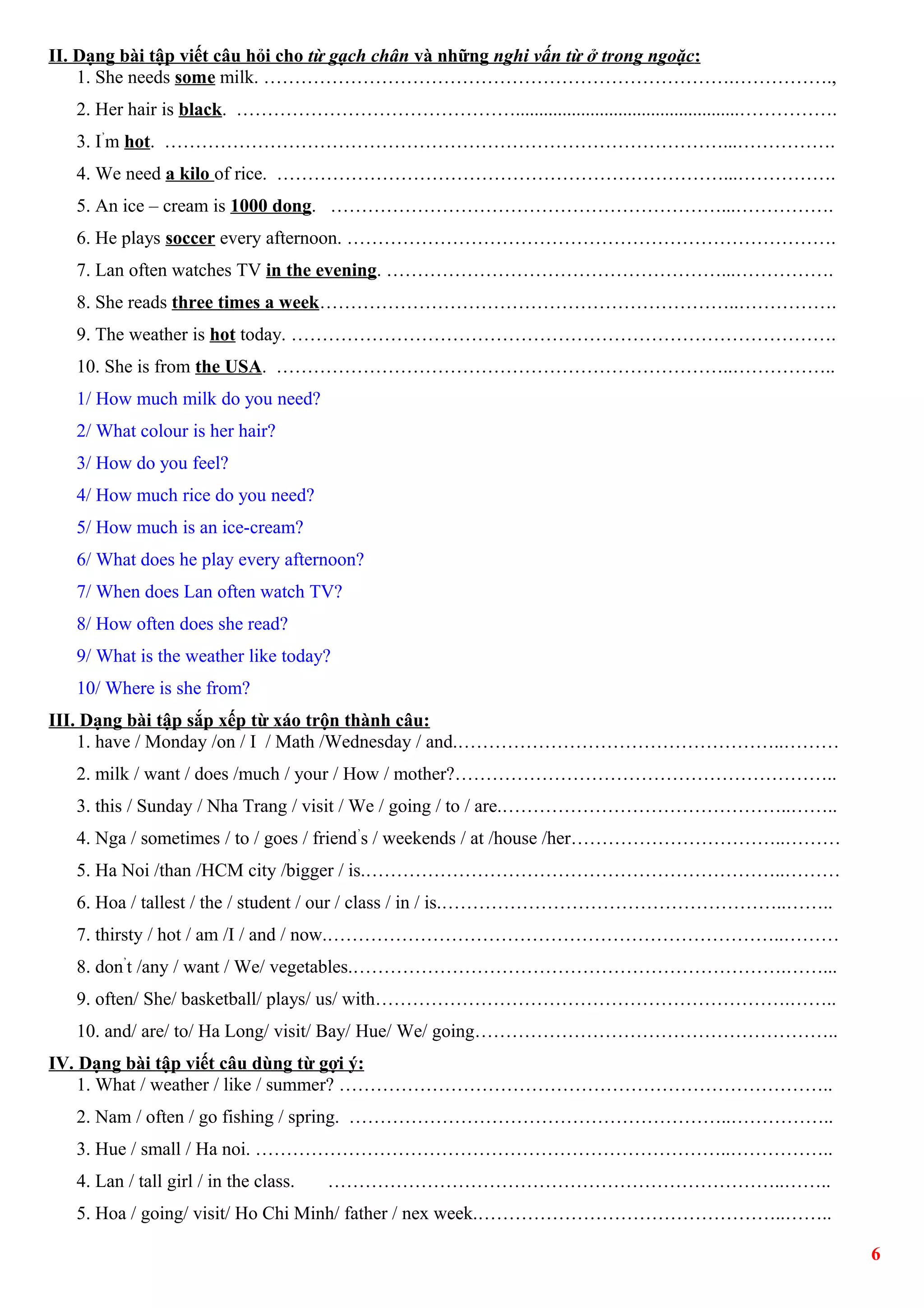 N tập hkii tiếng anh lớp 6 (with key) | PDF