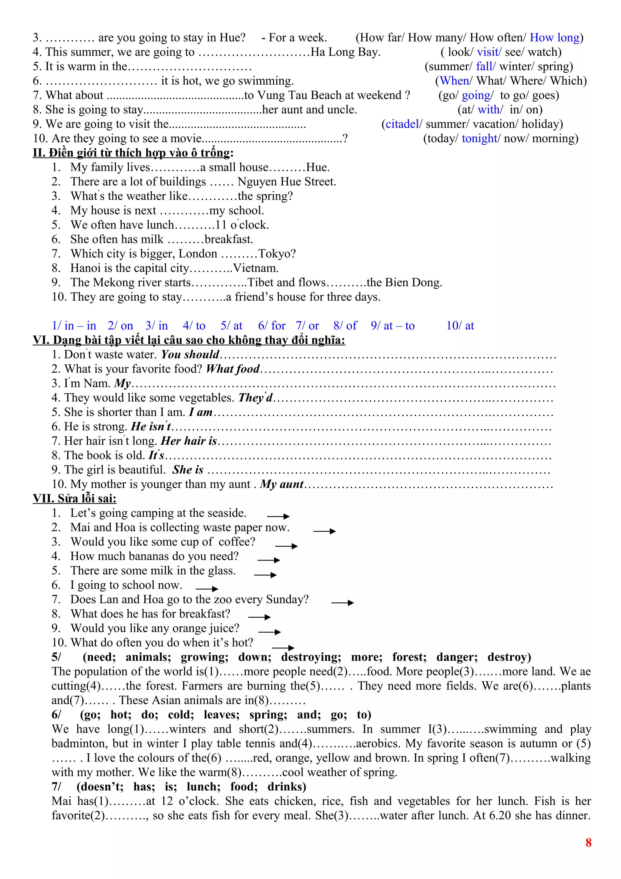 N tập hkii tiếng anh lớp 6 (with key) | PDF