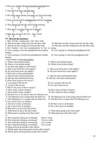 N tập hkii tiếng anh lớp 6 (with key) | PDF