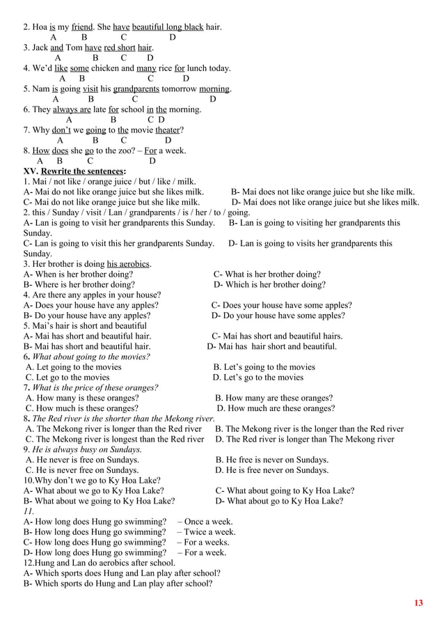 N tập hkii tiếng anh lớp 6 (with key) | PDF