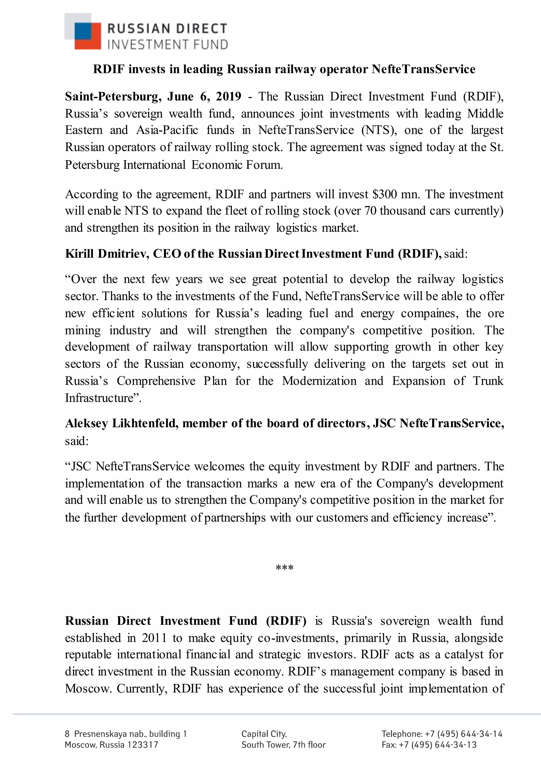 RDIF invests in leading Russian railway operator NefteTransService | DOCX
