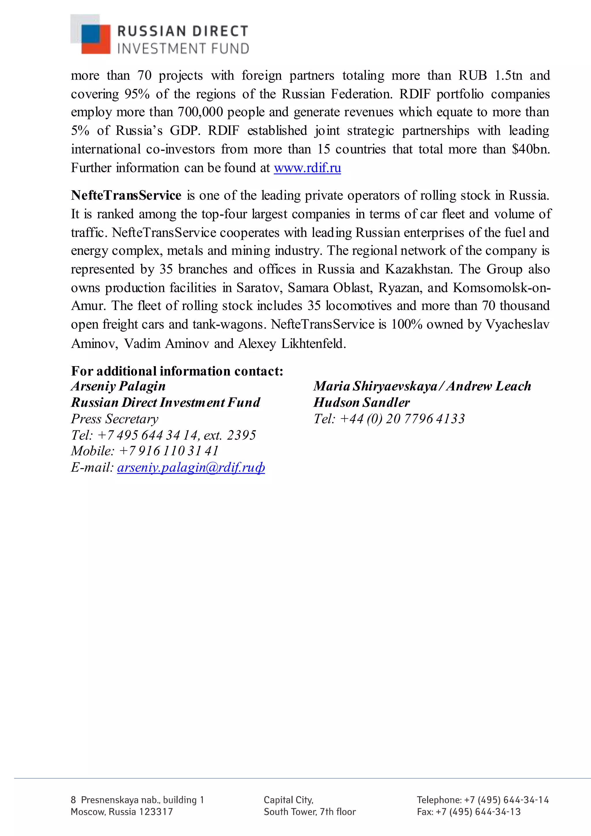 RDIF invests in leading Russian railway operator NefteTransService | PDF