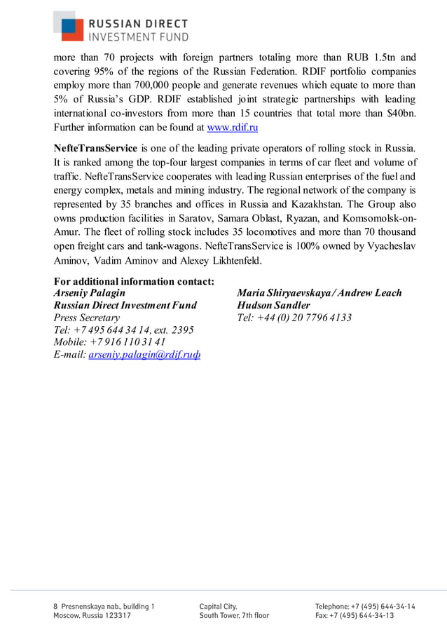 RDIF invests in leading Russian railway operator NefteTransService | PDF