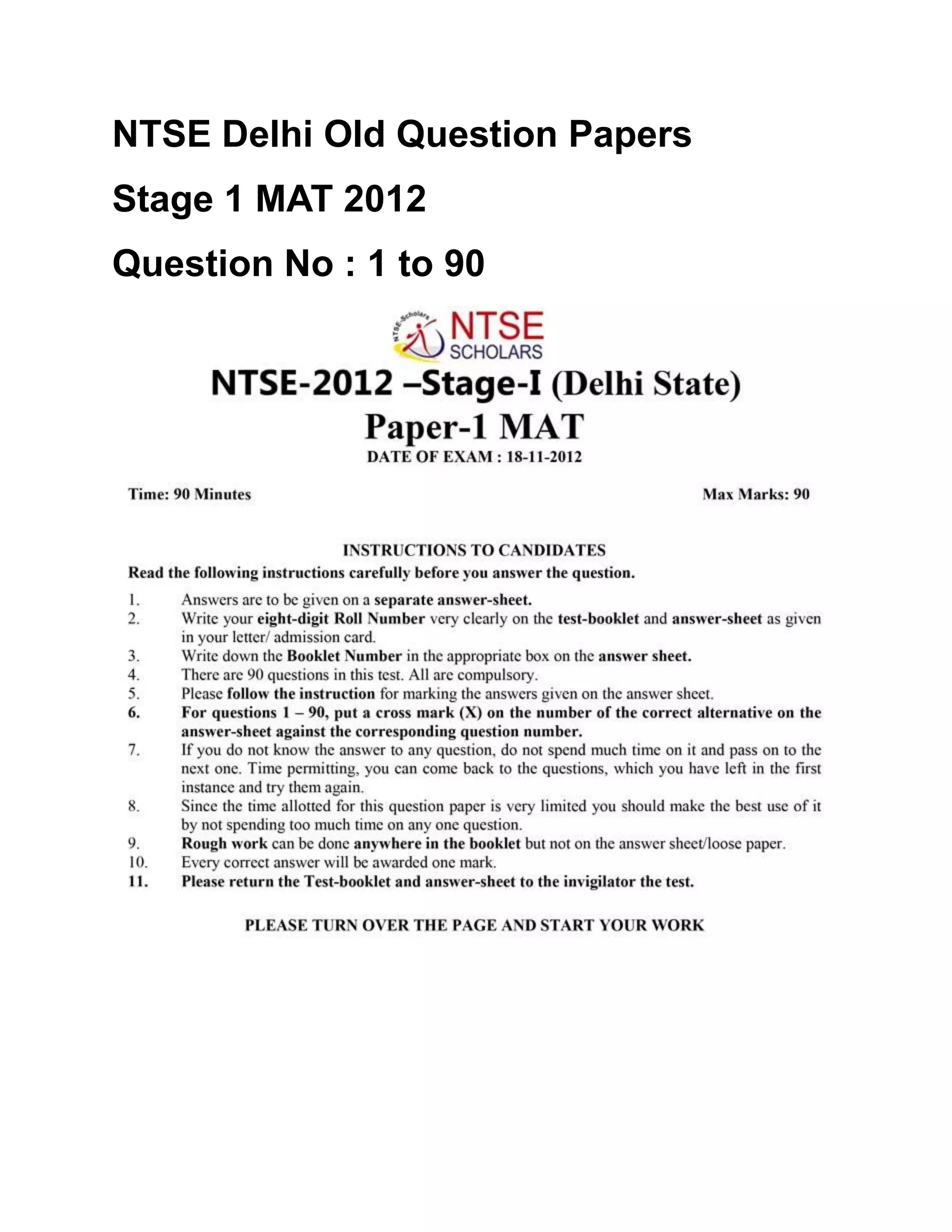 Ntse stage 1 delhi old question papers mat lct sat 2012 | PDF