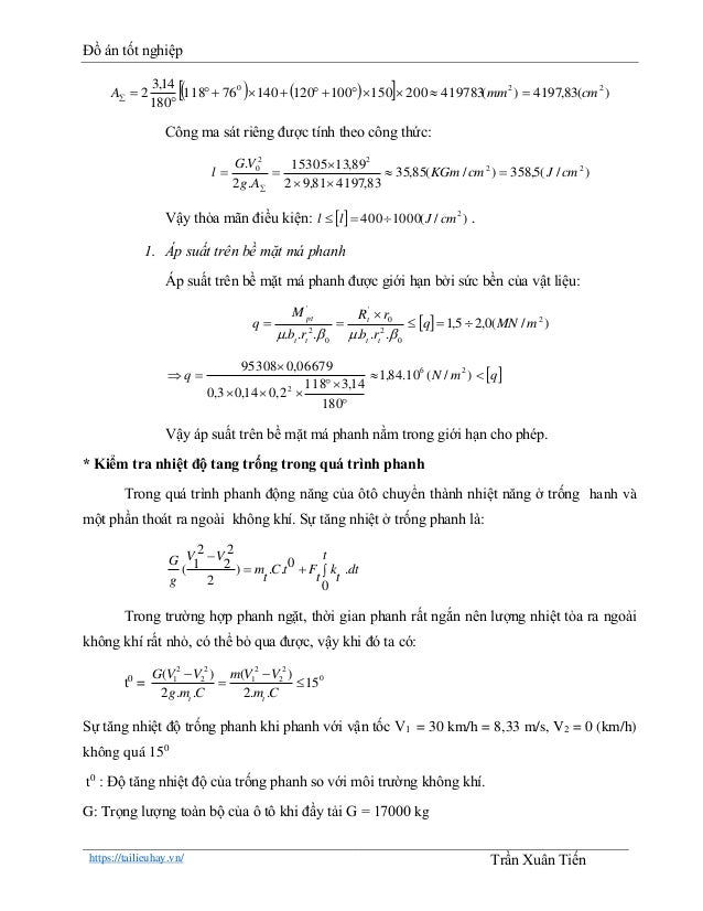 Đồ án Tính toán hệ thống phanh ô tô có trọng lượng khi đầy tải là 17000 kg | PDF