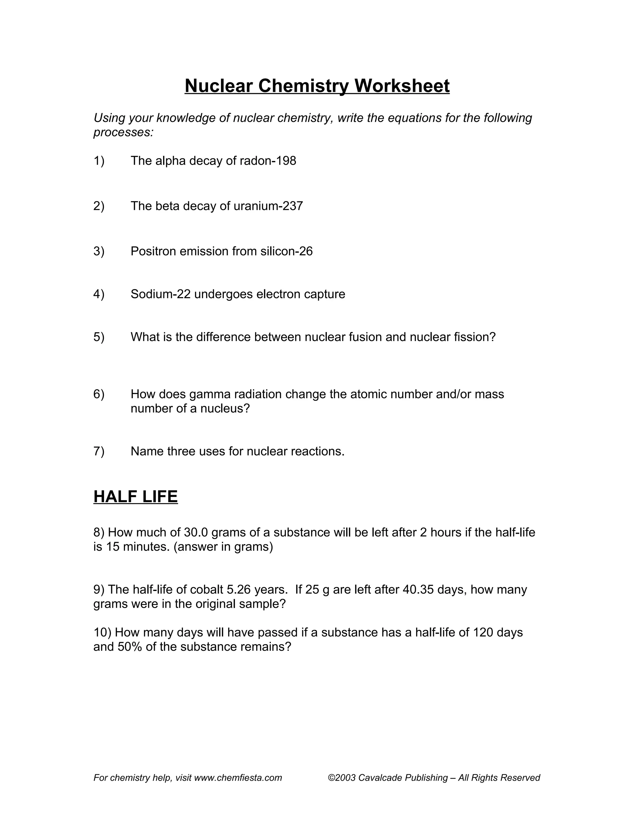 Nuclear chemistry half life worksheet | PDF