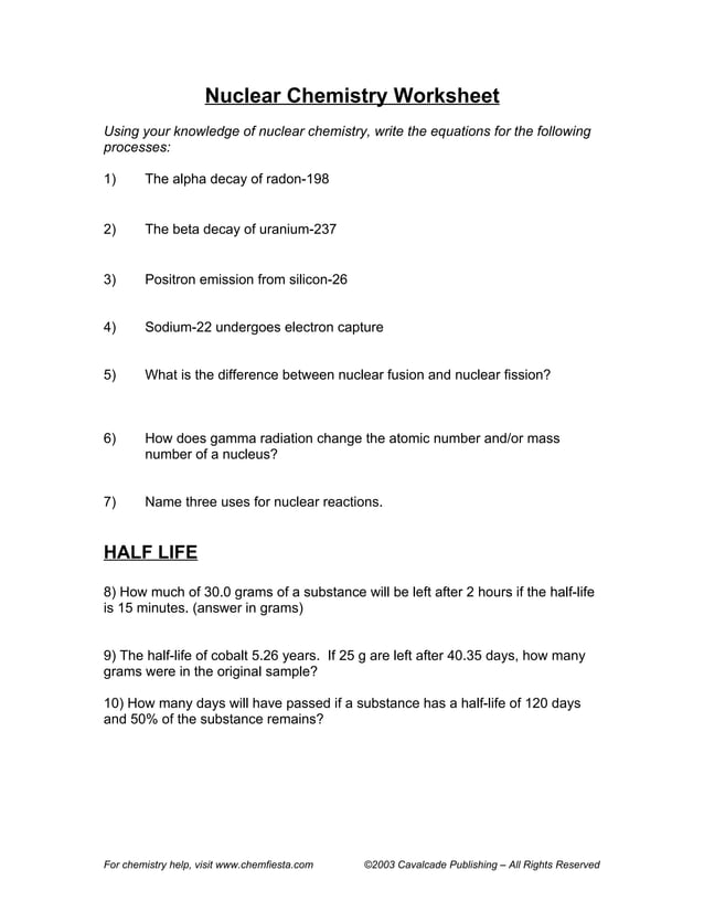 Nuclear chemistry half life worksheet | PDF